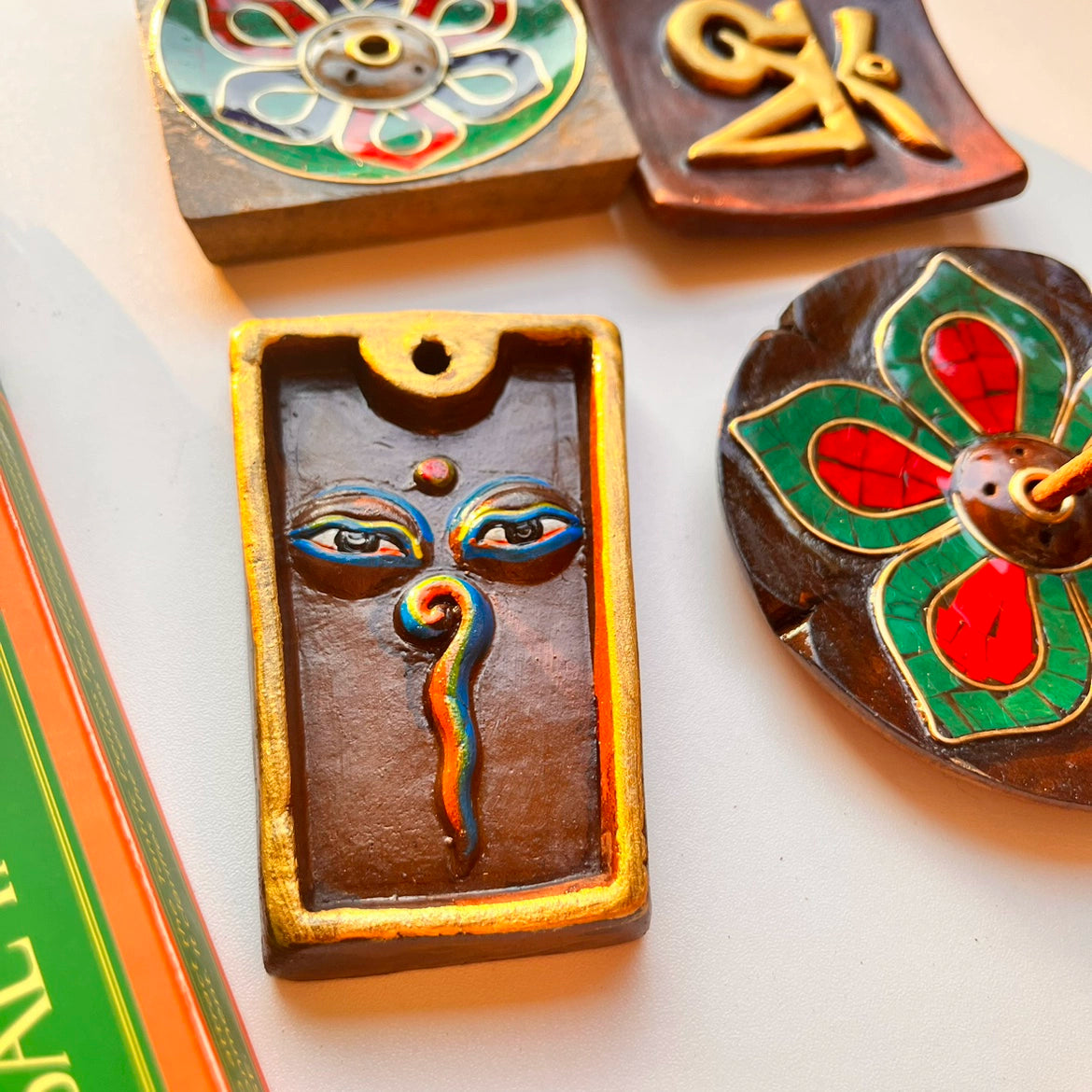 Nepal Tibetan incense insert Shiva's eye gilt gray pottery OM buzz word ...